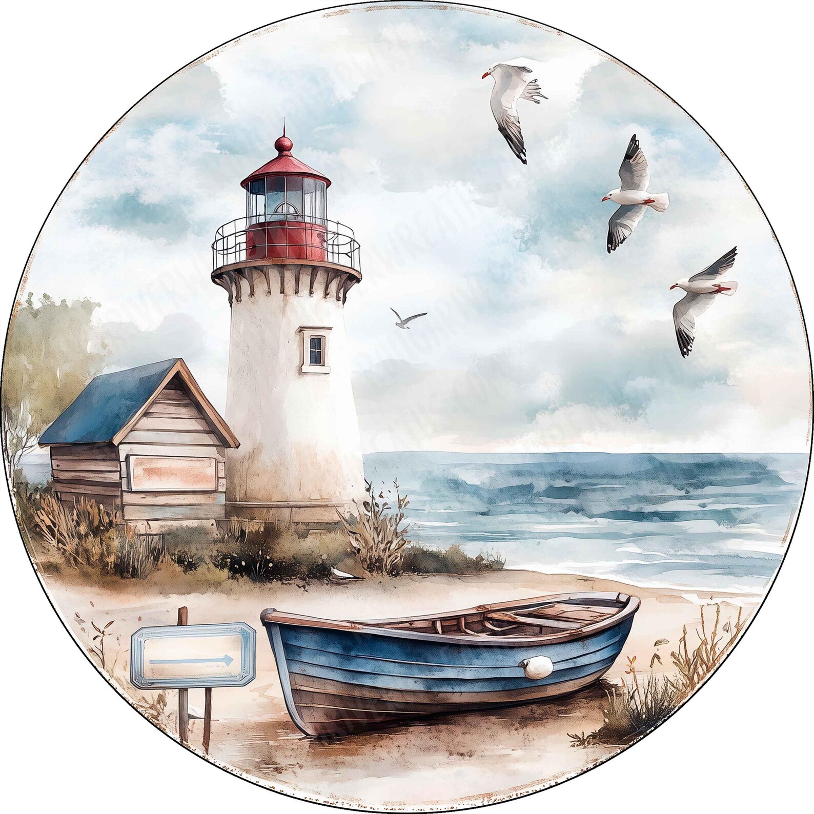 DIGITAL - PNG Lighthouse and Row Boat on the Beach - Round Digital File ...