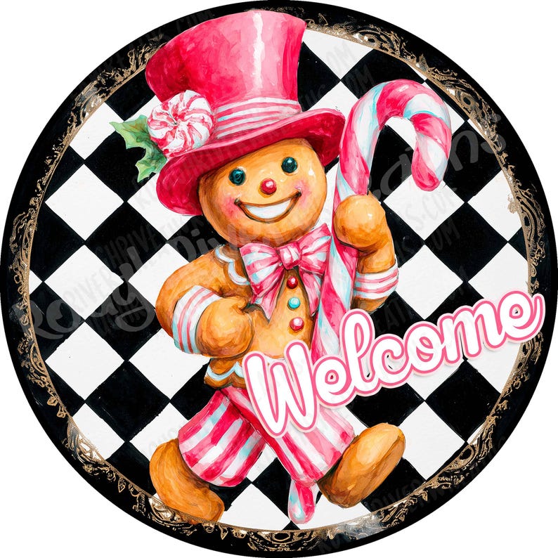 Gingerbread Man With Candy Cane Wreath Sign, Gingerbread Sign ...