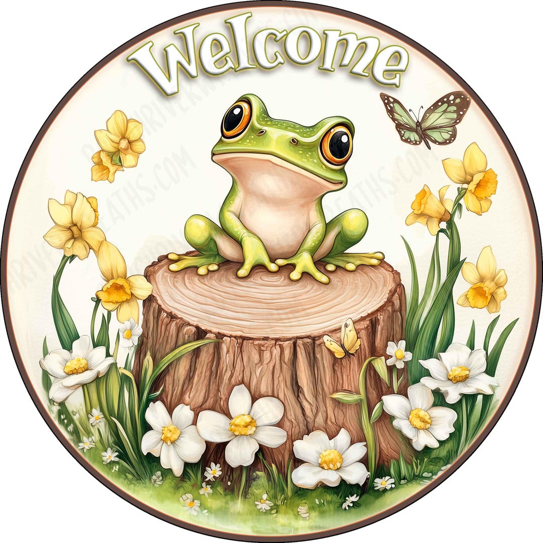 Cute Frog Wreath Sign, Welcome Wreath Sign, Frog and Flowers Sign ...