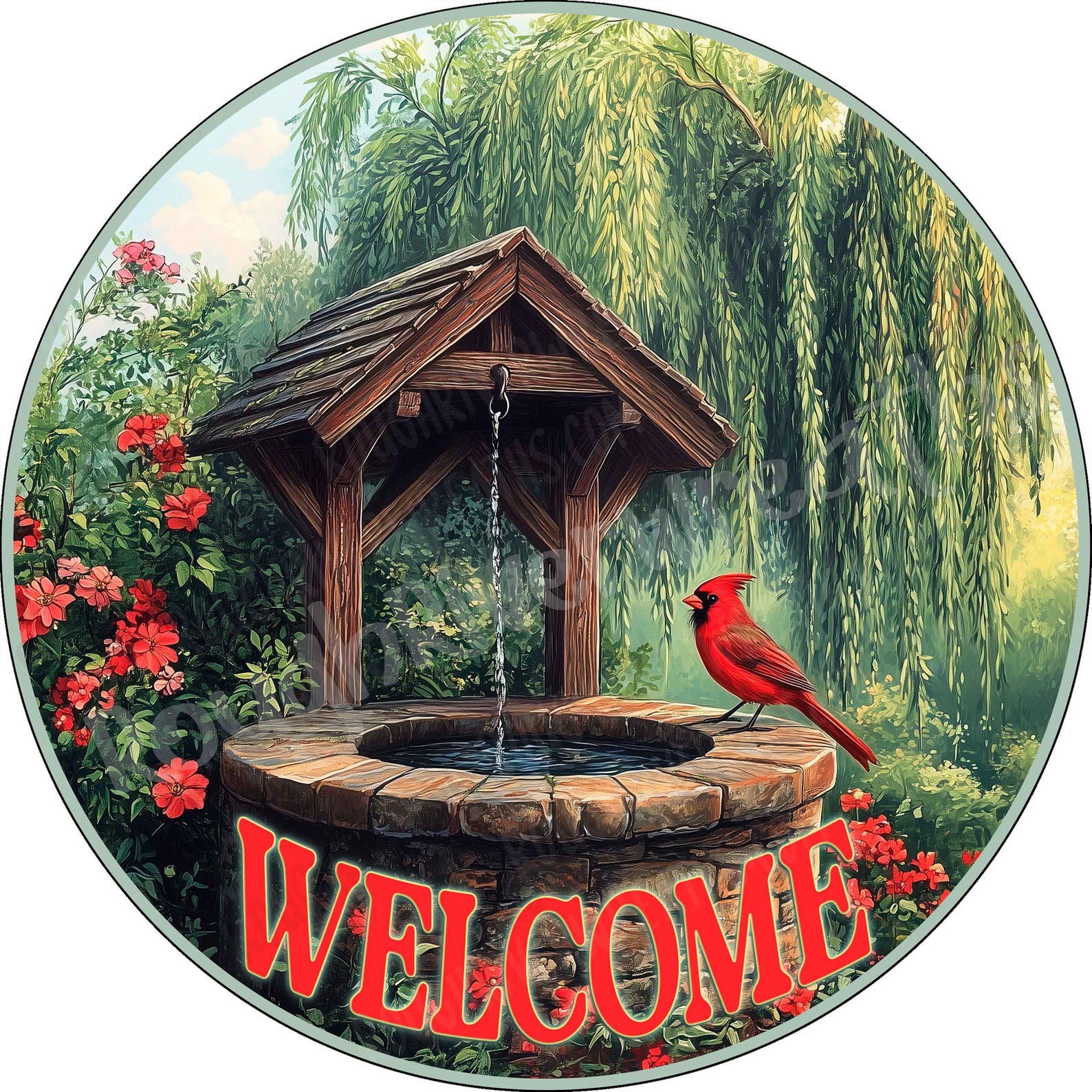 Wishing Well in a Flower Garden With Cardinal Bird Wreath Sign, Wishing ...