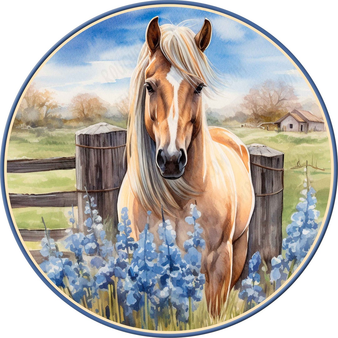 Horse Wreath Sign, Country Horse Blue Bonnet Sign, Metal Wreath Sign ...