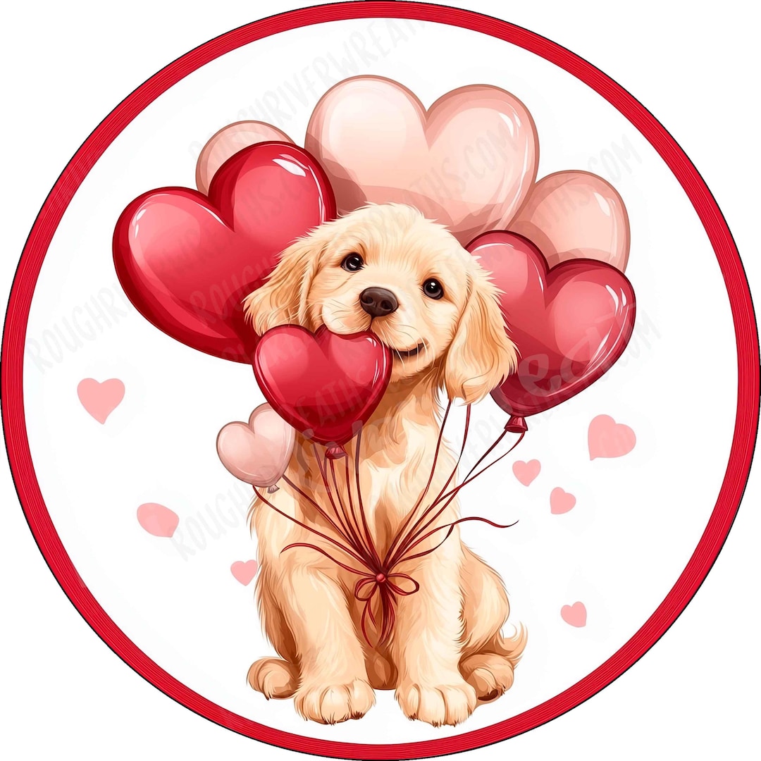 DIGITAL Valentine Dog With Heart Shape Balloons PNG Round Digital File ...