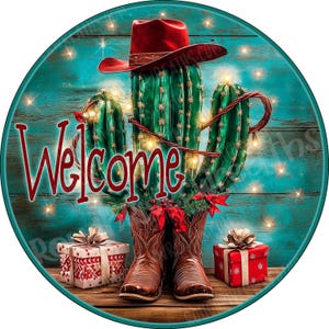 Western Christmas Wreath Sign, Southwest Christmas Cactus Wreath Sign ...