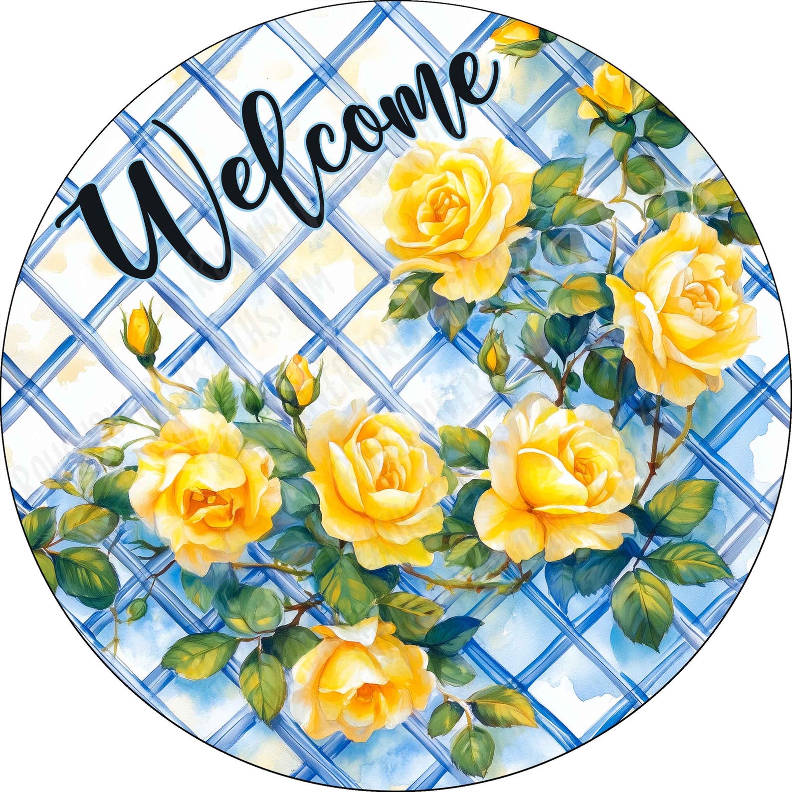 Yellow Rose Lattice Welcome Sign, Blue and Yellow Trellis Wreath Sign ...