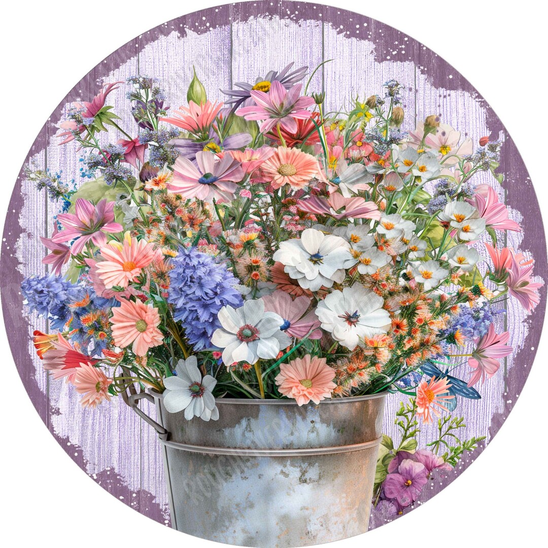 Flower Bucket Wreath Sign, Floral Welcome Wreath Sign, Colorful Welcome ...