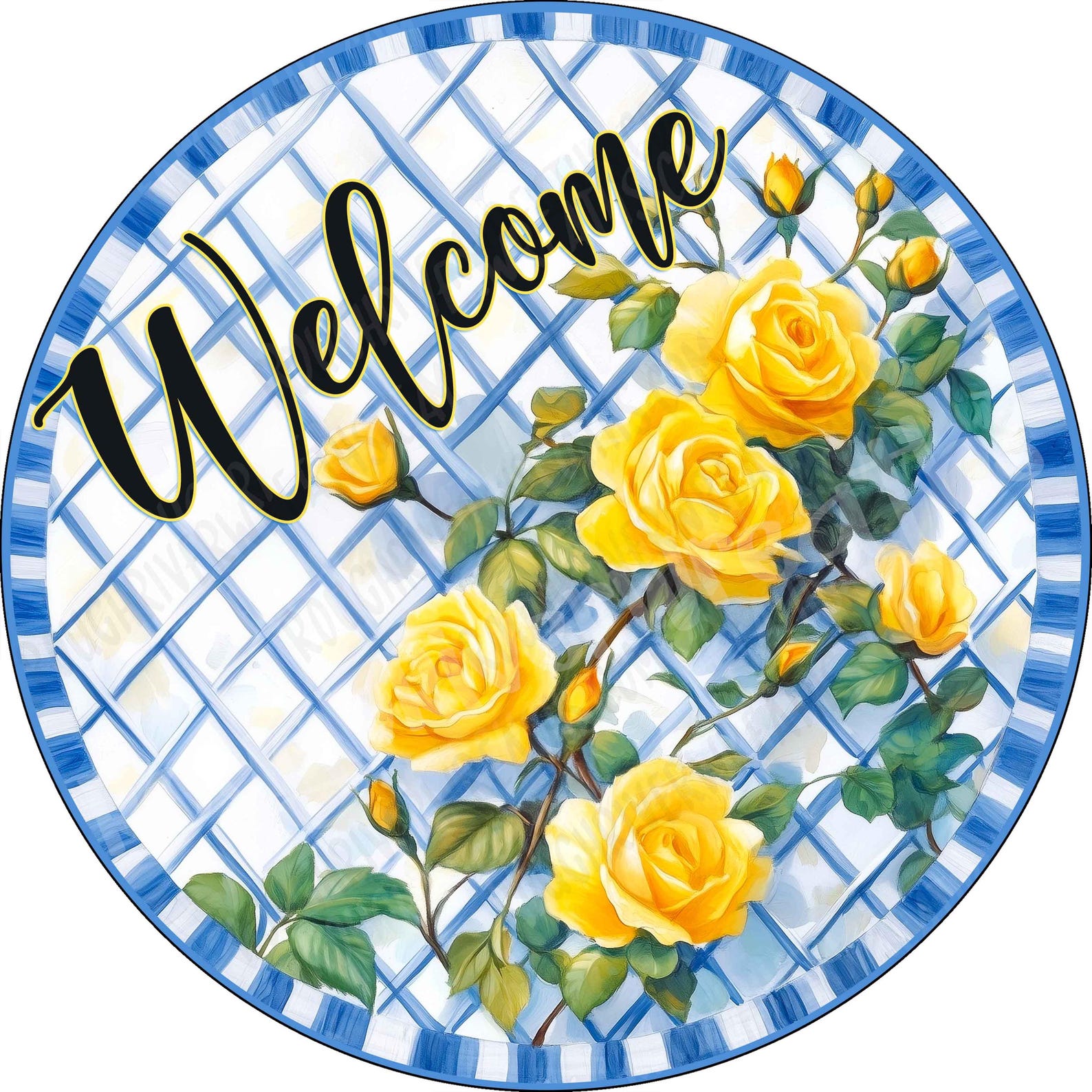 Yellow Rose Lattice Welcome Sign, Blue and Yellow Trellis Wreath Sign ...