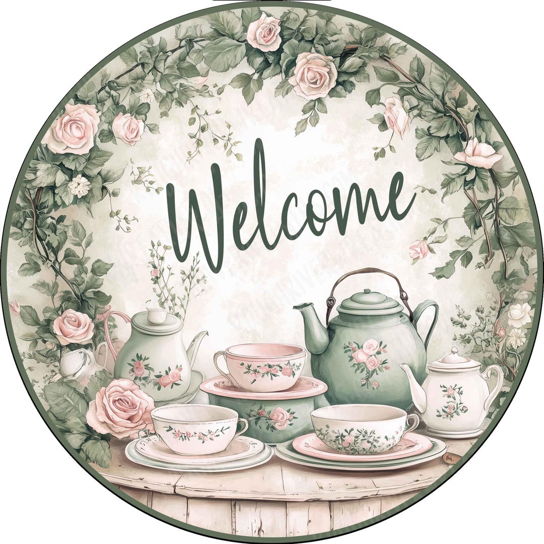 Victorian Style Tea Set Wreath Sign, Cottage Wreath Sign, Shabby Chic ...