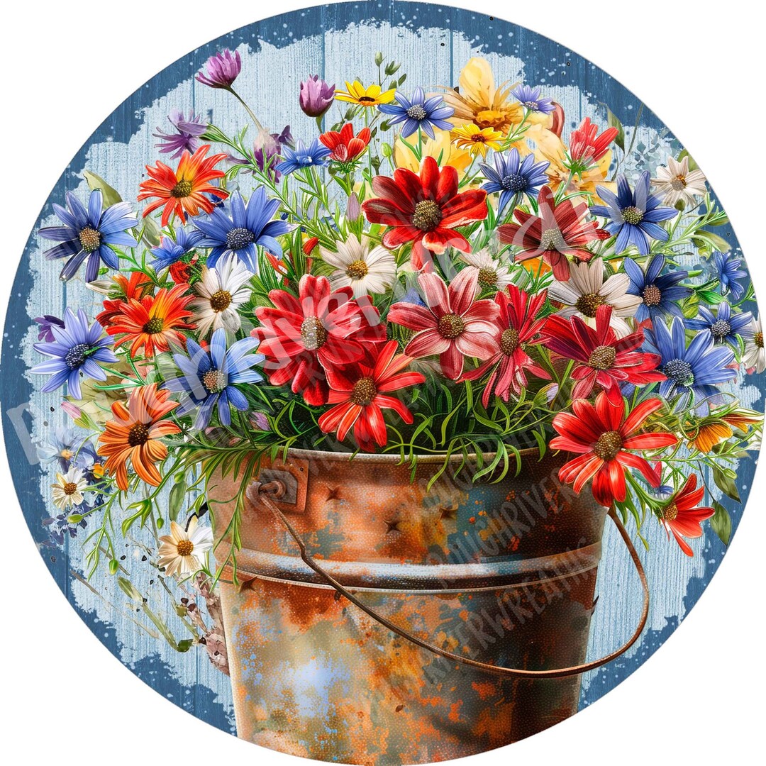 Flower Bucket Wreath Sign, Floral Welcome Wreath Sign, Colorful Welcome ...