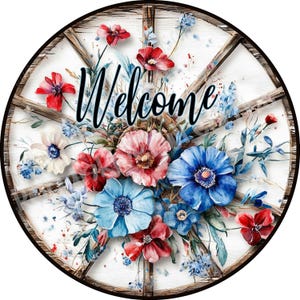Patriotic Wagon Wheel Wreath Sign, Red White and Blue Flowers on a ...