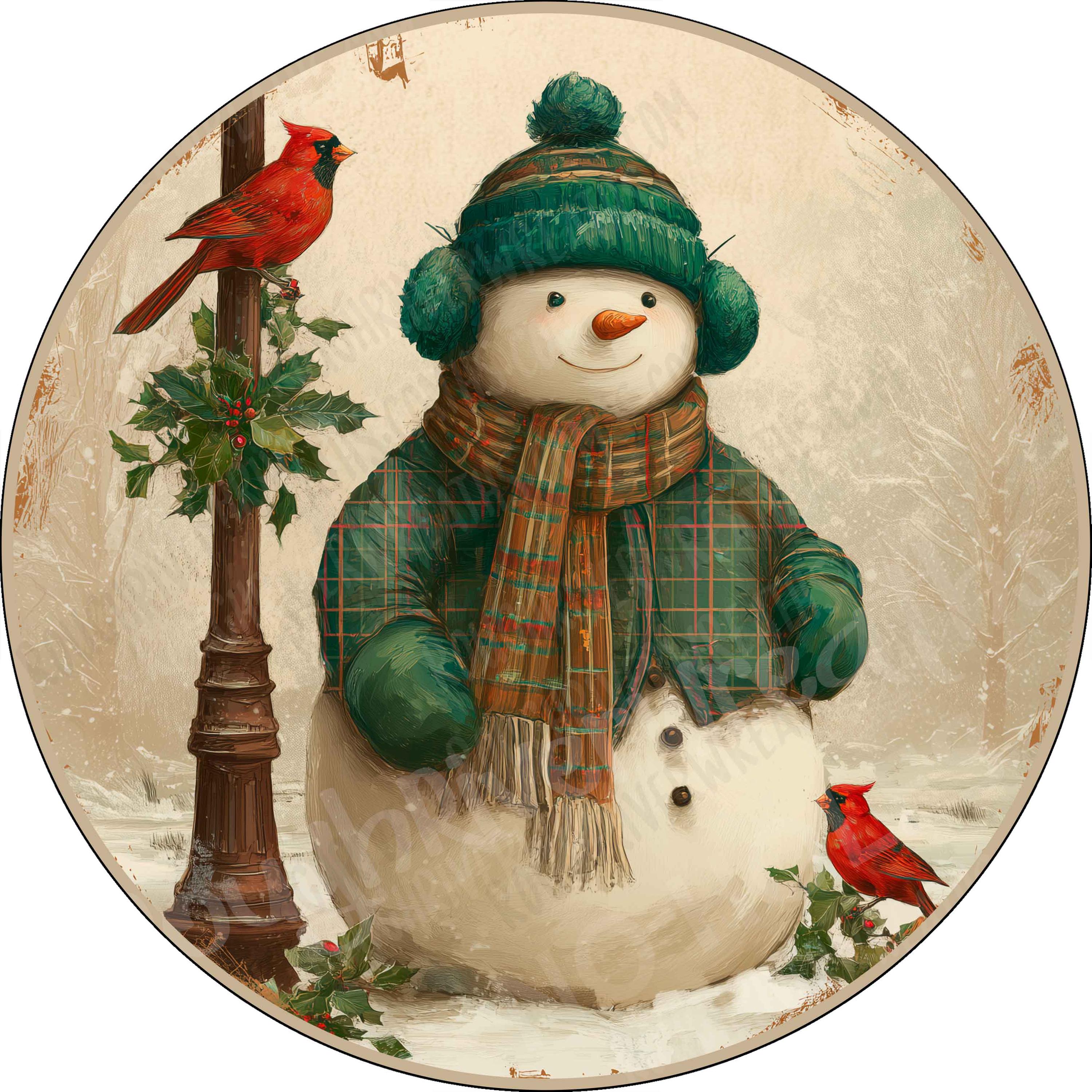 Vintage Look Snowman and Cardinals Aluminum Wreath Sign, Snowman ...