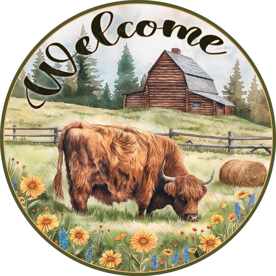 Cow Wreath Sign, Highland Cow Sign, Farmhouse Sign, Cow Decor, Grazing ...