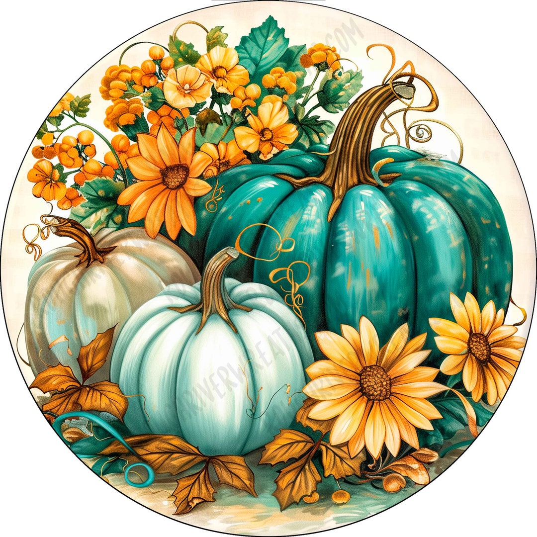 1 OF 1 DIGITAL PNG Fall Teal Pumpkin Sunflower Round Digital File ...