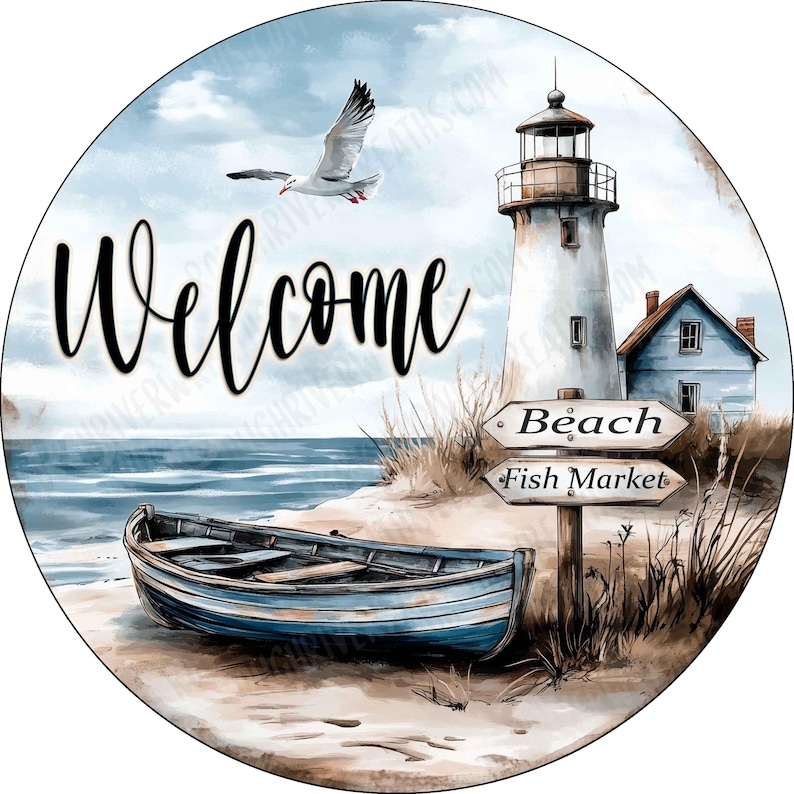 Lighthouse Aluminum Wreath Sign, Nautical, Seaside, Coastal, Beach ...