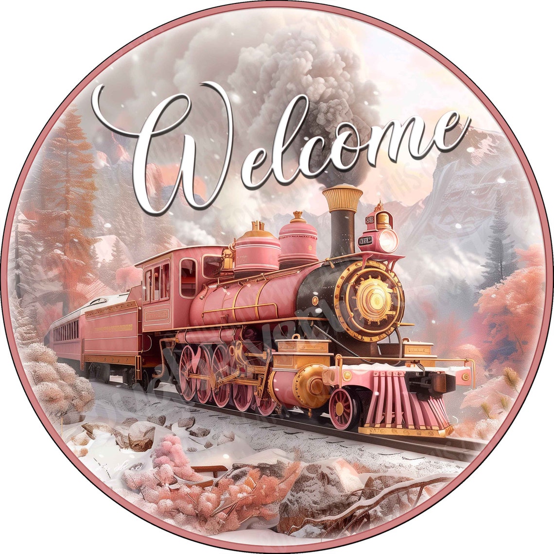 Christmas Wreath Sign, Christmas Train Sign, Pink Train Wreath Sign ...