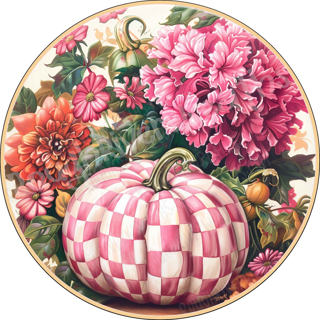 Pink and White Check Pumpkin Wreath Sign, Fall Sign, Pumpkin Wreath ...