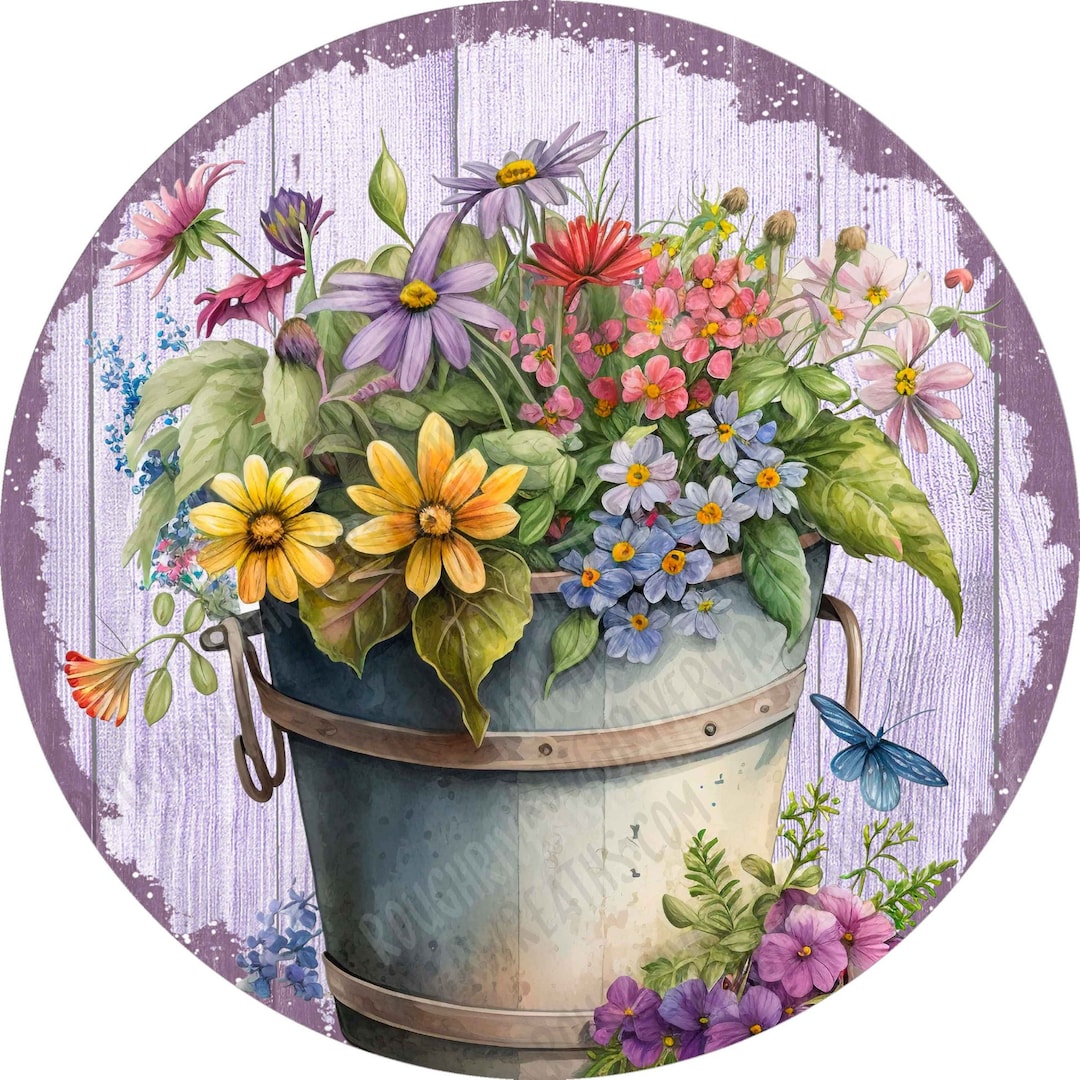 Flower Bucket Wreath Sign, Floral Welcome Wreath Sign, Colorful Welcome ...