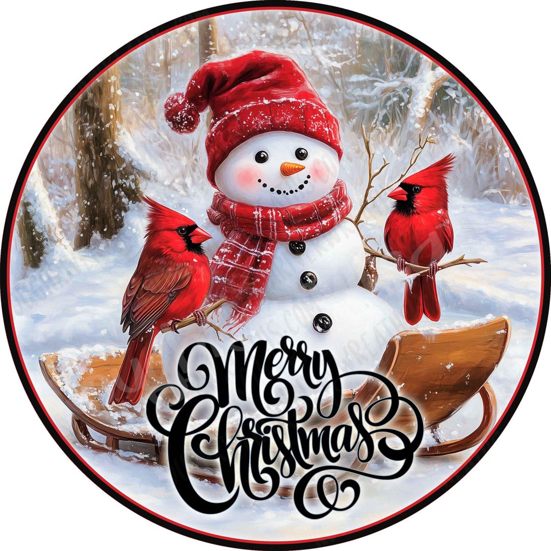 Cute Snowman Sledding Wreath Sign, Cardinal Birds, Christmas Snowman ...