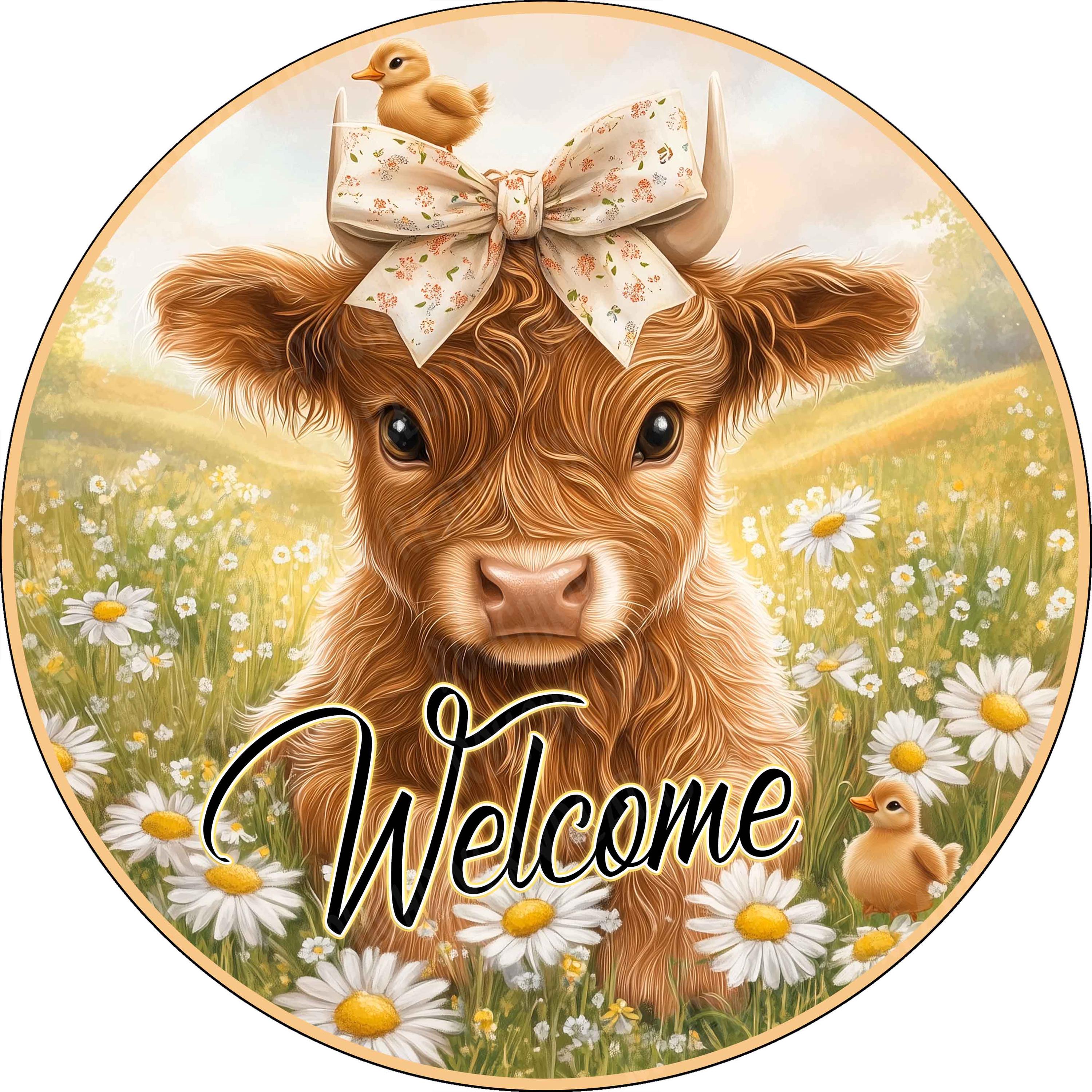 Cow and Duckling Easter Bow Wreath Sign, Easter Highland Cow Sign, Cow ...