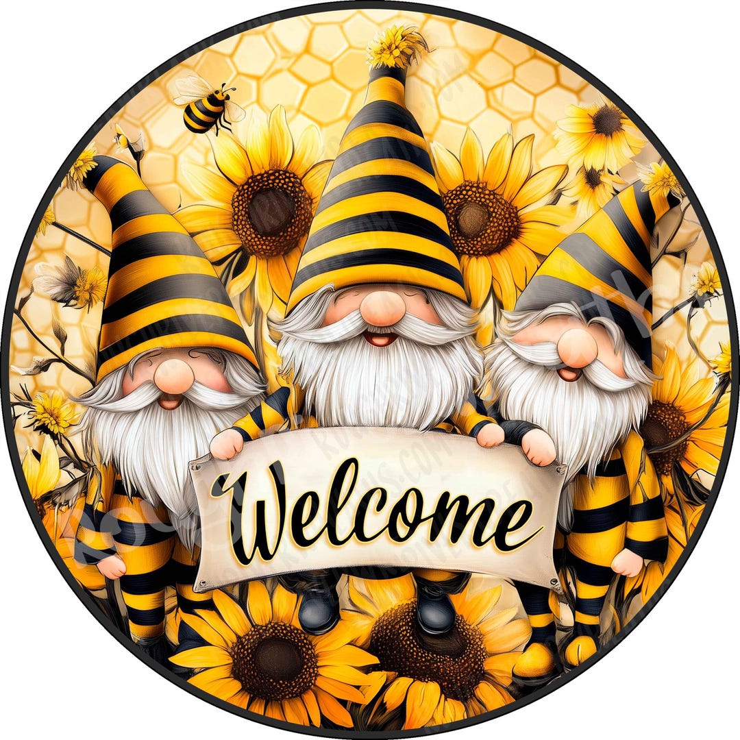 Bee Gnomes With Sunflowers Wreath Sign, Sunflower Gnome Welcome Sign ...