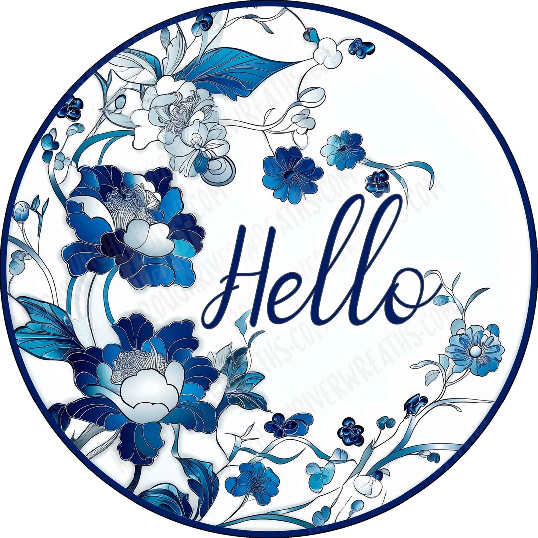 Blue Floral Welcome or Hello Wreath Sign, Colorful Welcome Wreath Sign ...