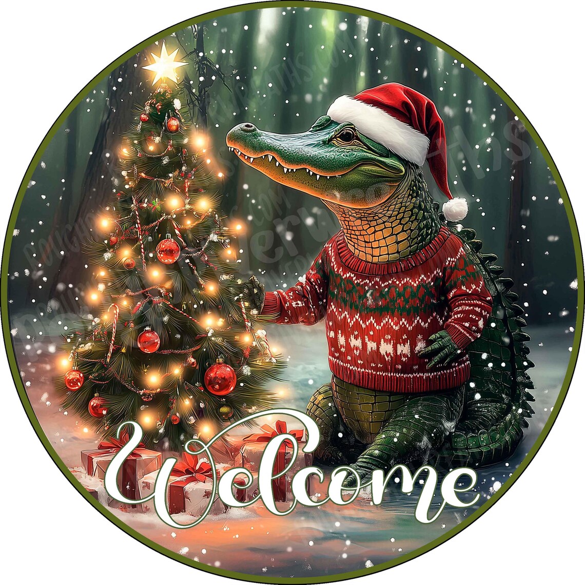 Christmas Alligator Wreath Sign, Alligator Wearing a Christmas Sweater ...