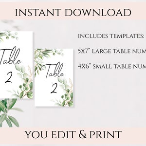 Greenery Table Numbers Printable Boho Wedding Table Numbers | Etsy