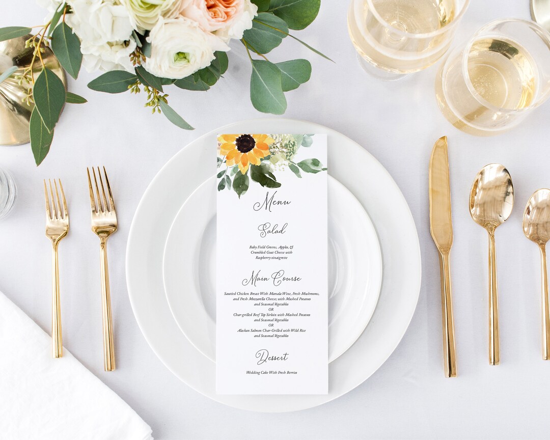 Sunflower Wedding Menu Template, Country Floral Wedding Menu Cards ...