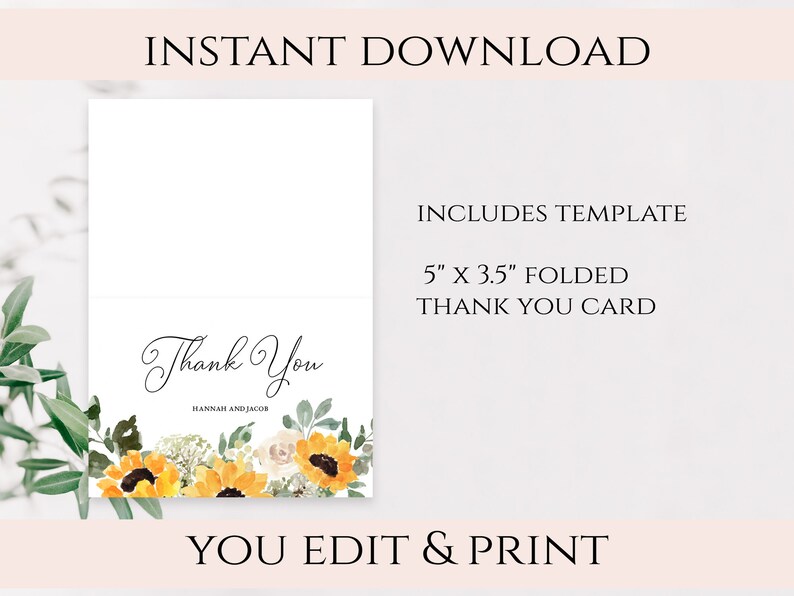 Tarjetas de agradecimiento imprimibles de girasol, notas de agradecimiento de boda ...