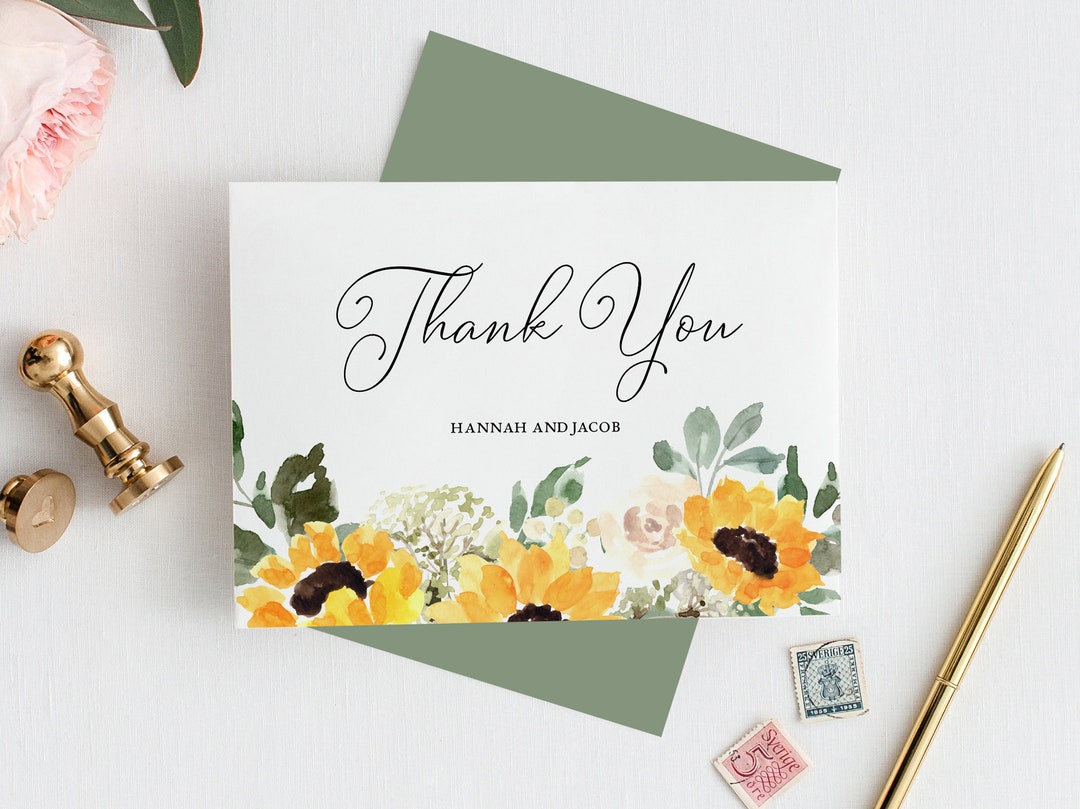 Tarjetas de agradecimiento imprimibles de girasol, notas de agradecimiento de boda ...