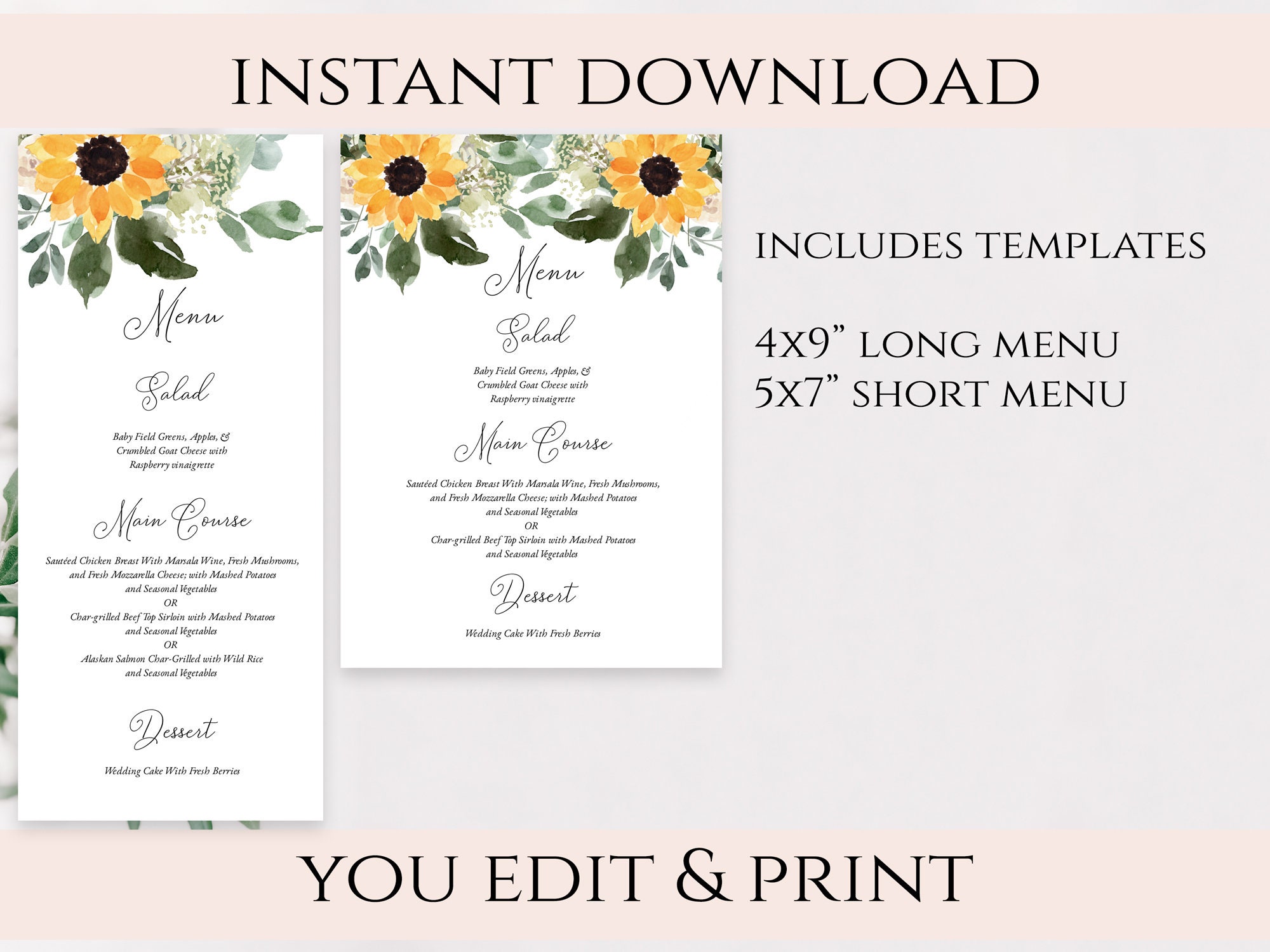 Sunflower Wedding Menu Template, Country Floral Wedding Menu Cards ...
