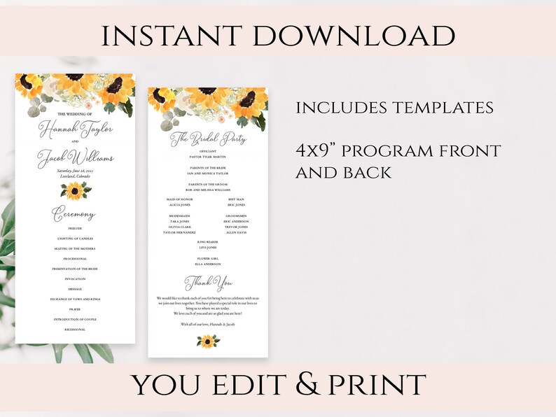 Rustic Sunflower Wedding Program Template, Sunflower Printable Wedding ...