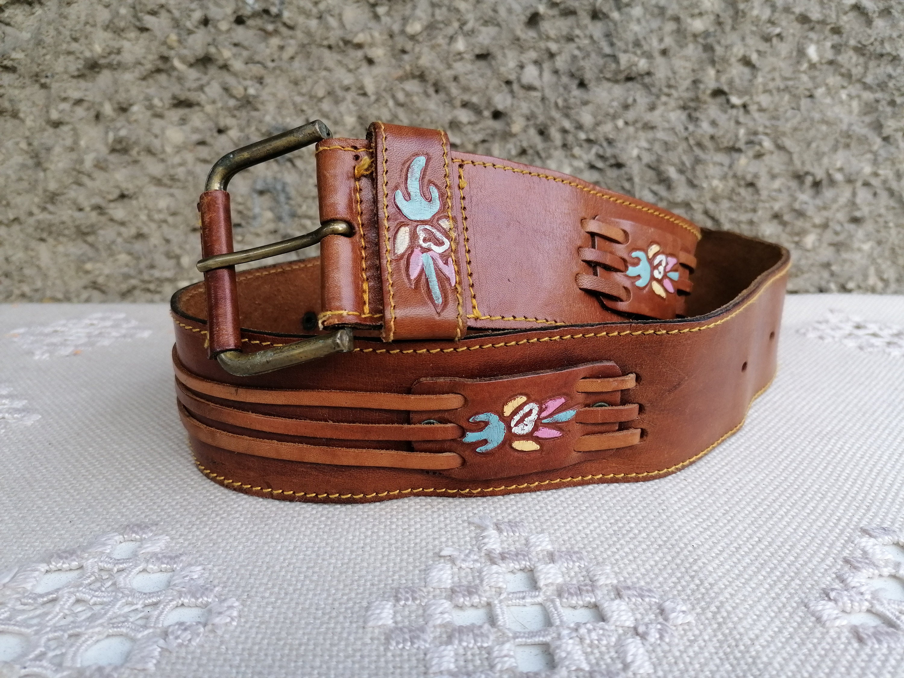 Vintage Real Leather Belt 1970s Brown Colorful Hand Painted | Etsy