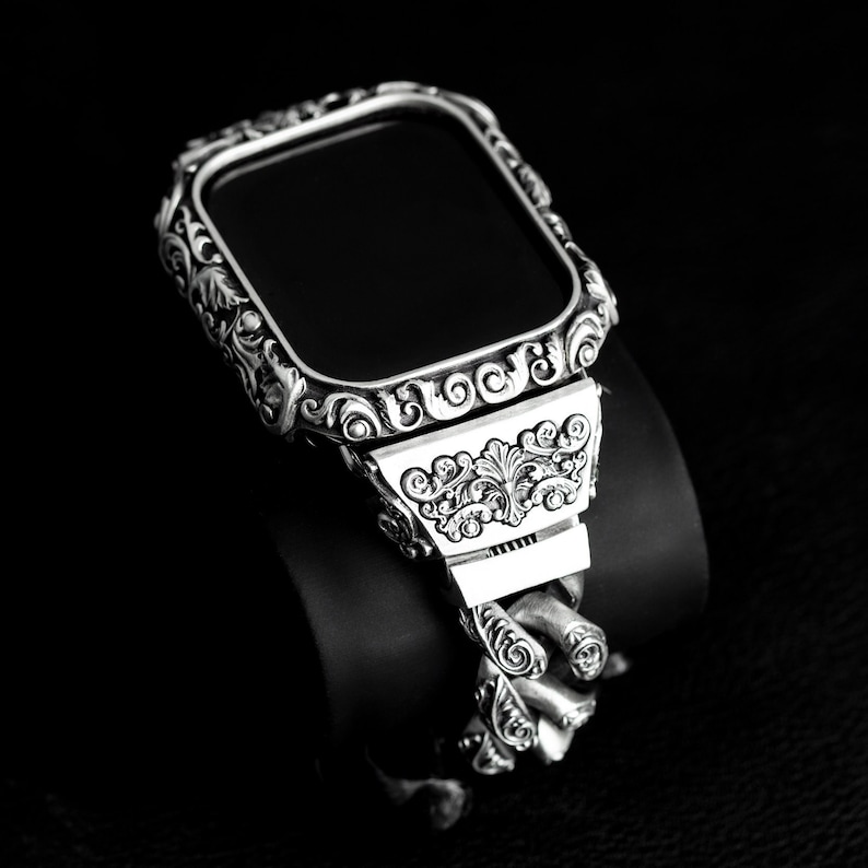 Apple Watch Floral Case Cover 44mm 45mm - Sterling Silver 925 Oxidized ...