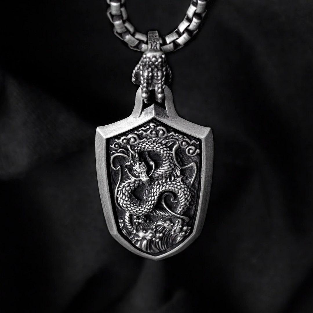 Dragon Pendant Necklace - Sterling Silver 925 Oxidized Matte Box Chain ...