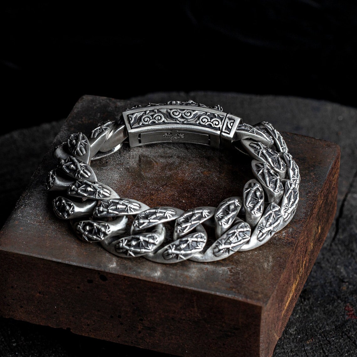 Oxidized Sterling Silver Tiger Chain Bracelet - Heavy Cuban Link - Etsy