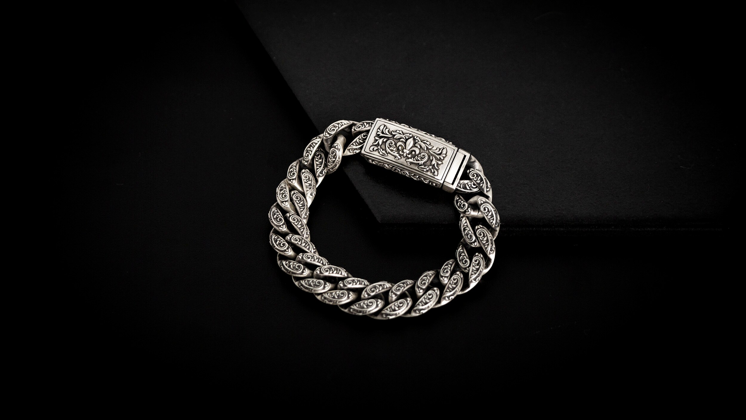 Floral cuban chain bracelet slim sterling silver 925 | Etsy