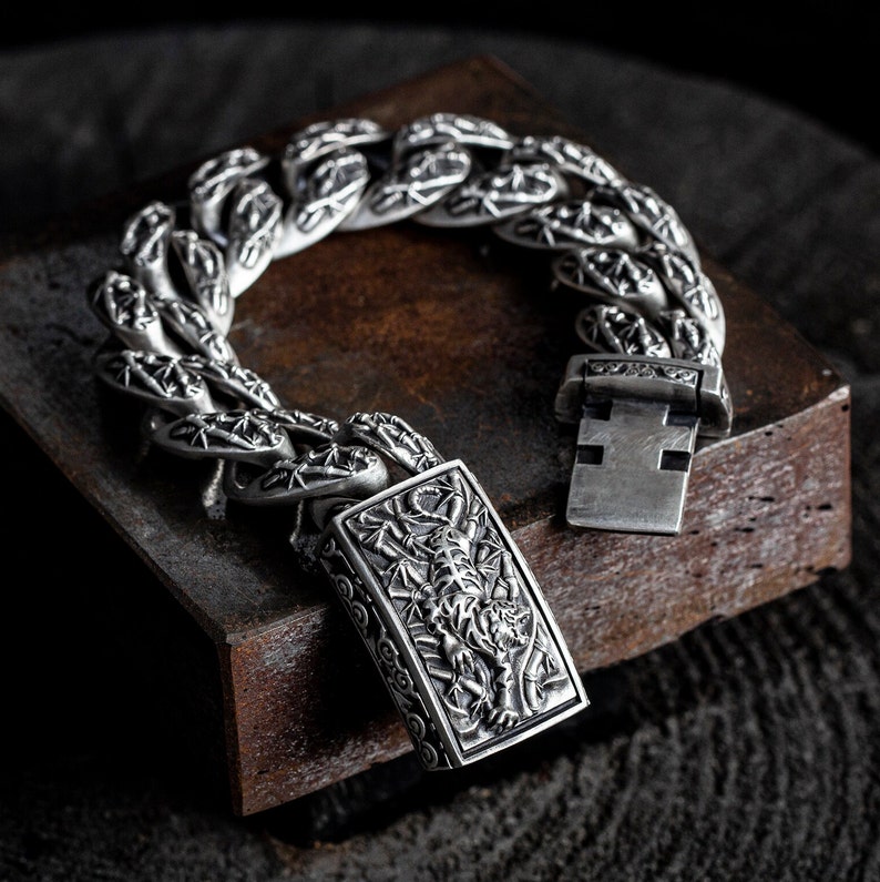 Oxidized Sterling Silver Tiger Chain Bracelet - Heavy Cuban Link - Etsy