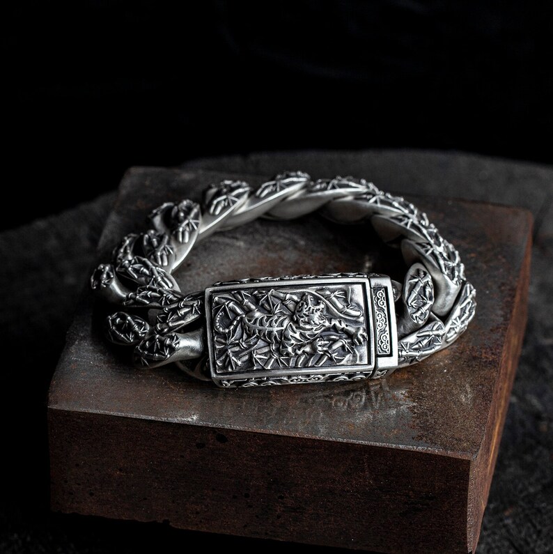 Oxidized Sterling Silver Tiger Chain Bracelet - Heavy Cuban Link - Etsy