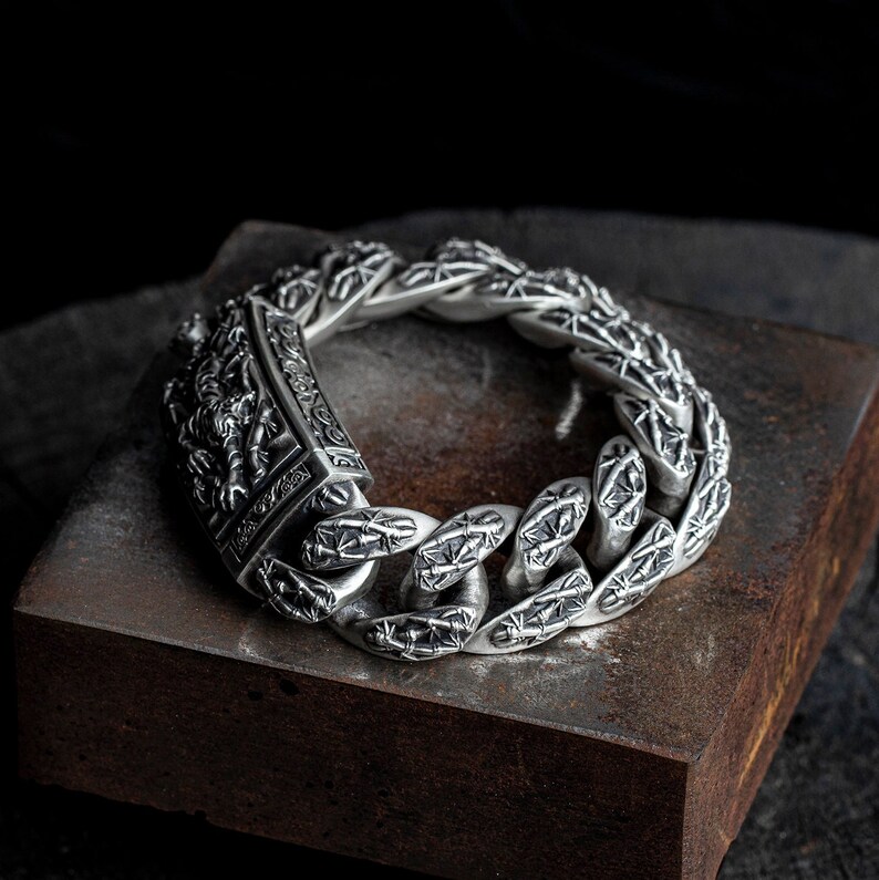 Oxidized Sterling Silver Tiger Chain Bracelet - Heavy Cuban Link - Etsy