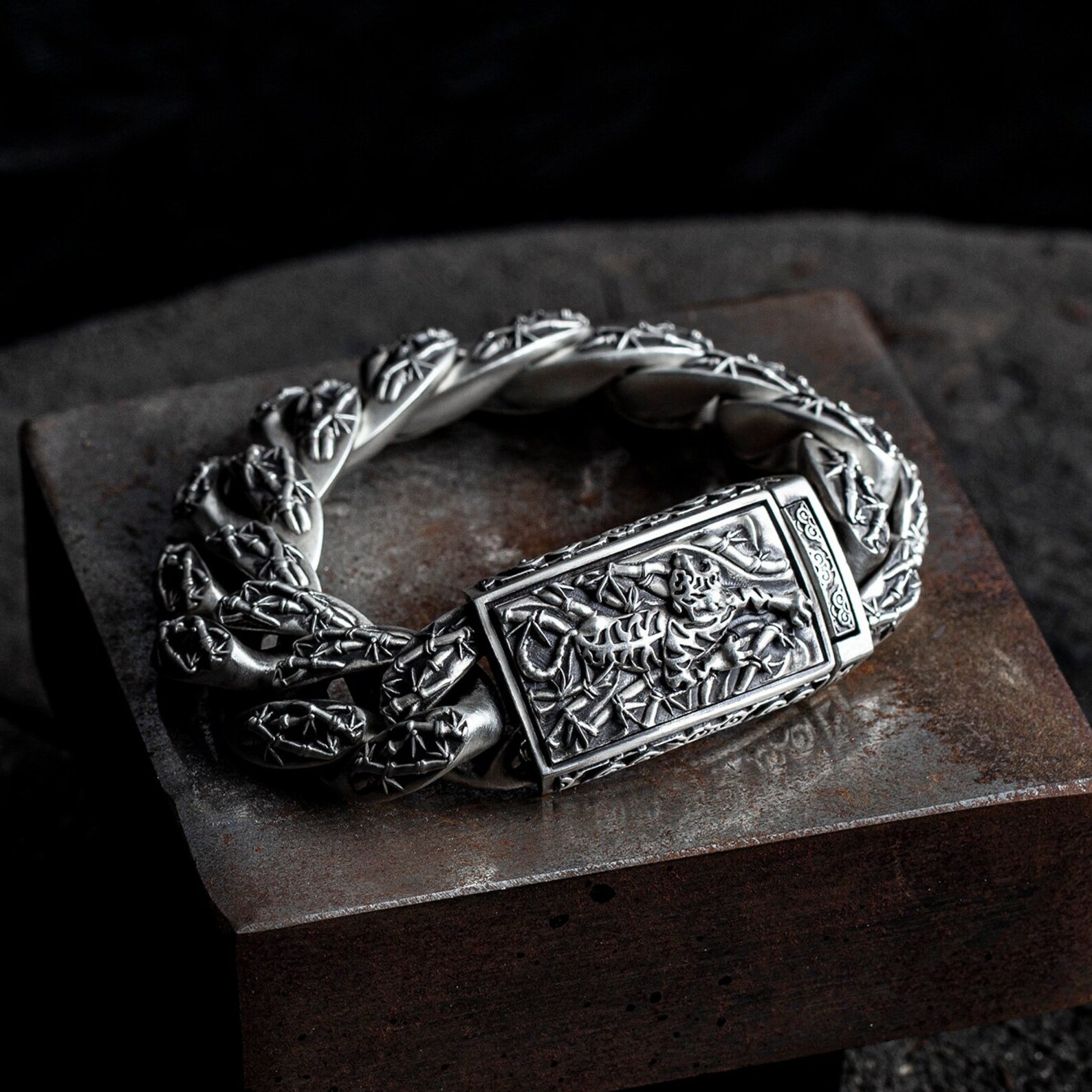 Oxidized Sterling Silver Tiger Chain Bracelet - Heavy Cuban Link - Etsy
