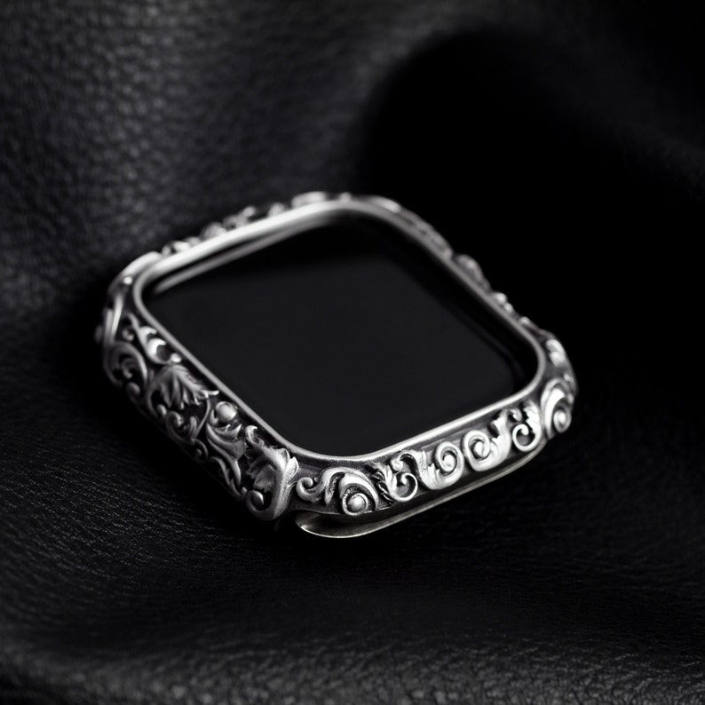 Apple Watch Floral Case Cover 44mm 45mm - Sterling Silver 925 Oxidized ...