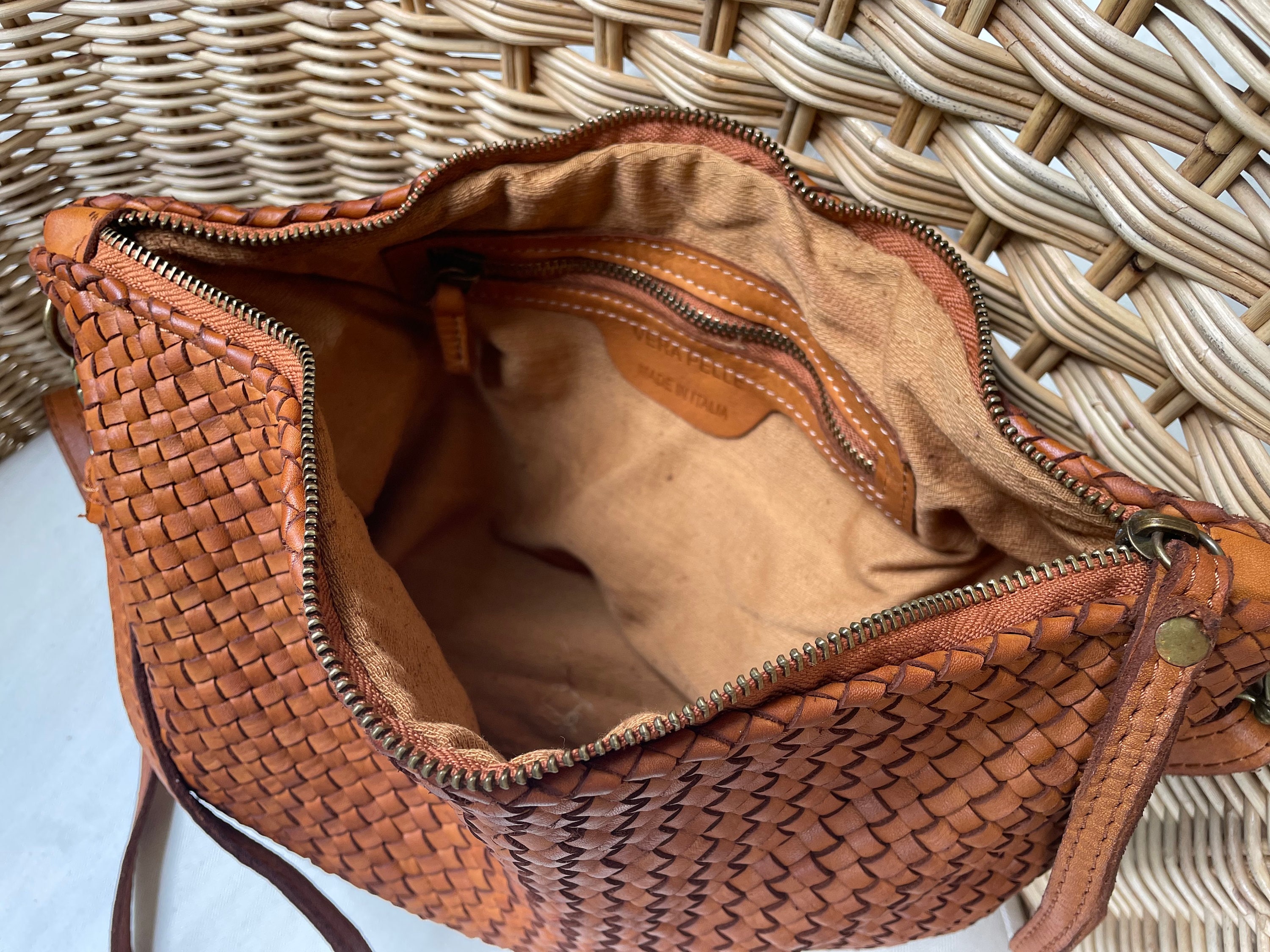 Geflochten Schultertasche aus Leder Cognac Premium Qualität ...
