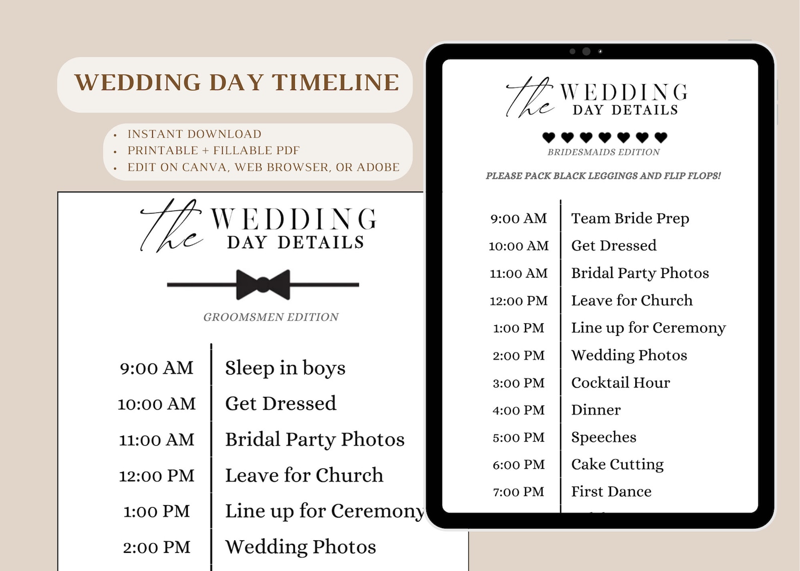 Bridal Party Wedding Day Timeline Editable Template for Download, Print ...