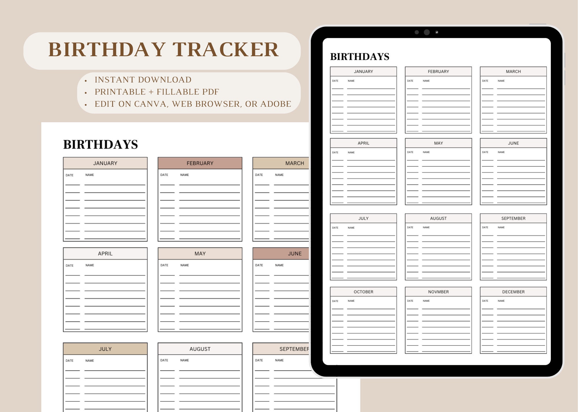 Birthday Tracker Editable Template for Download, Print, Sharing via ...