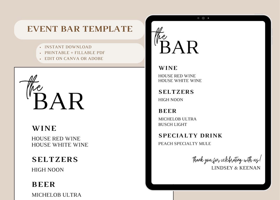 Bar Menu, Event Bar Menu, Cocktail Menu, Itinerary Editable Template ...