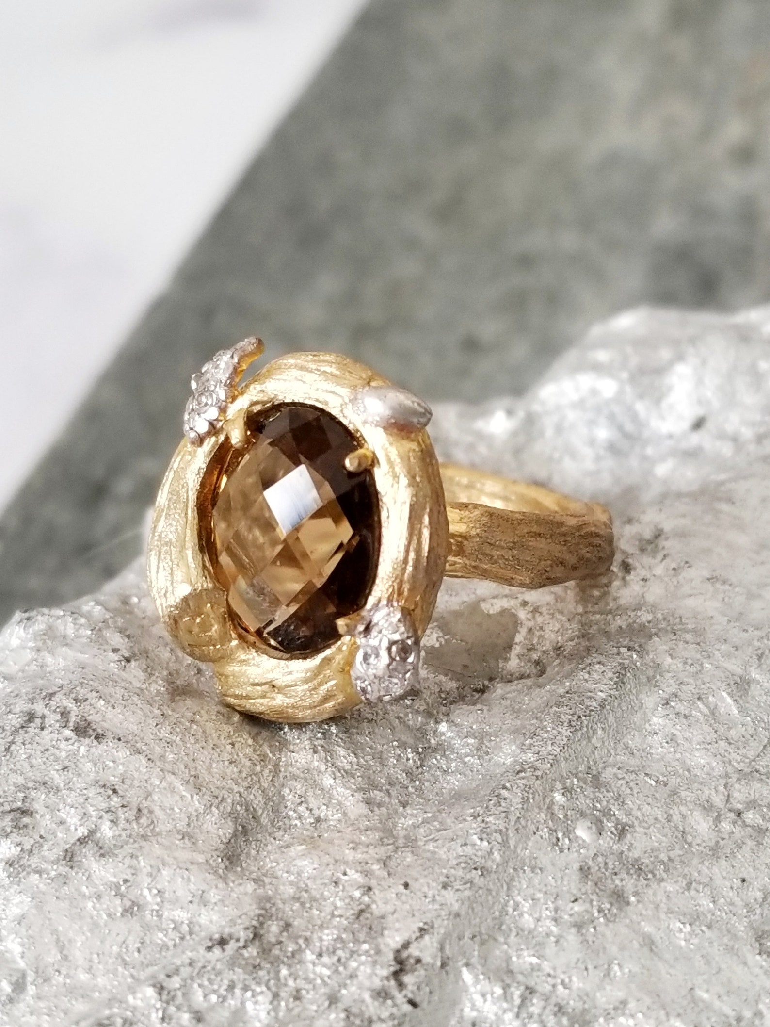 Cognac Whisky Quartz Natural Gemstone Branch Tree Leaf Designer Ring Sz ...