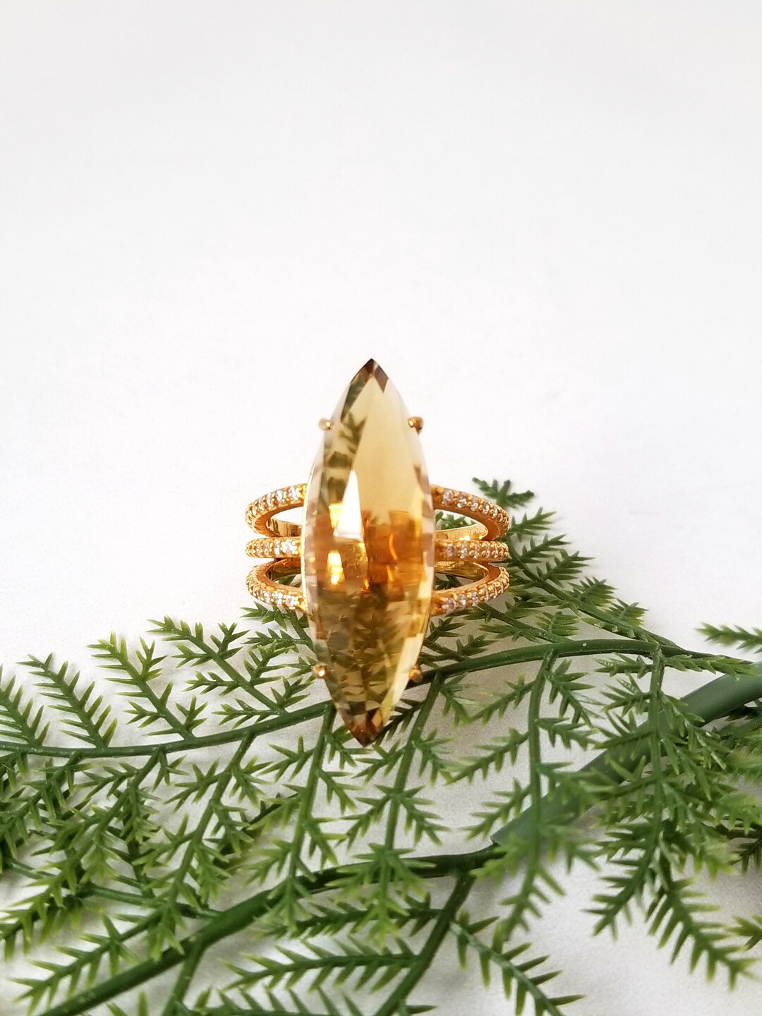 Cognac Whisky Quartz Natural Gemstone Large Marquise Cut Statement Ring ...