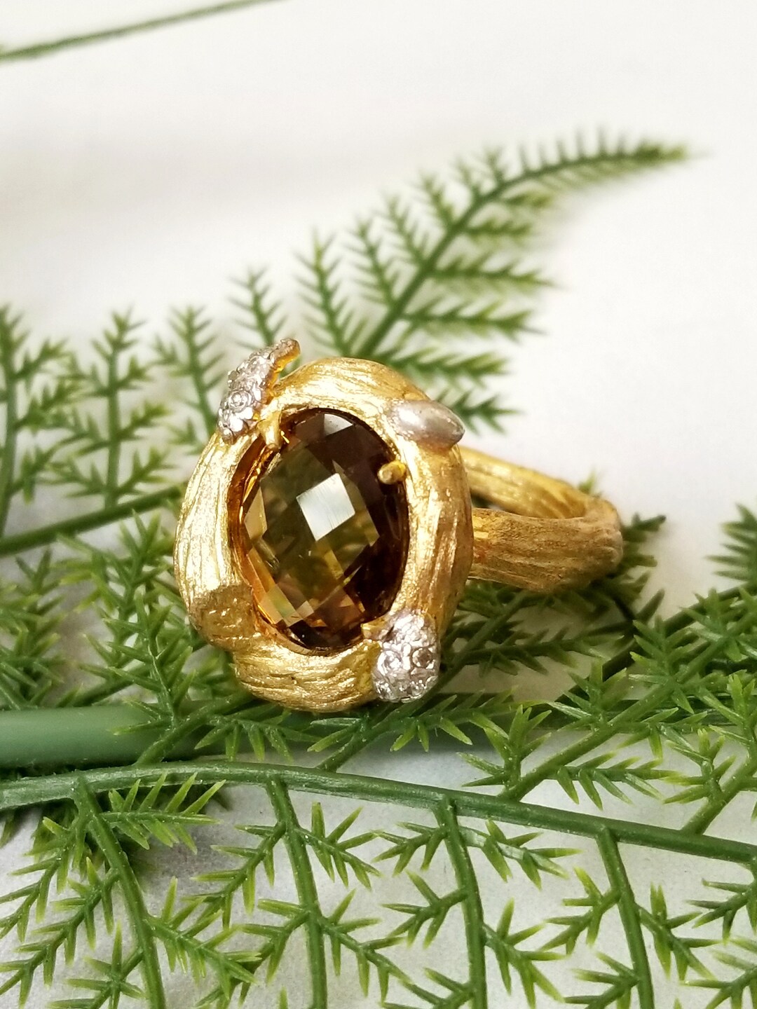 Cognac Whisky Quartz Natural Gemstone Branch Tree Leaf Designer Ring Sz ...