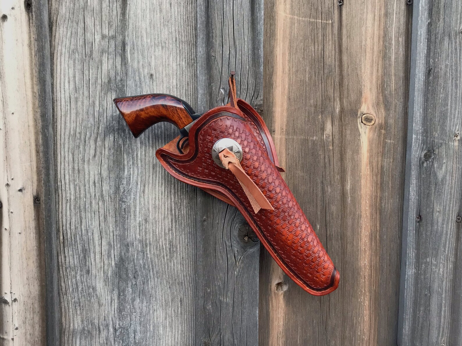 Leather Revolver Holster Hand-Tooled Basketweave Saddle Tan | Etsy