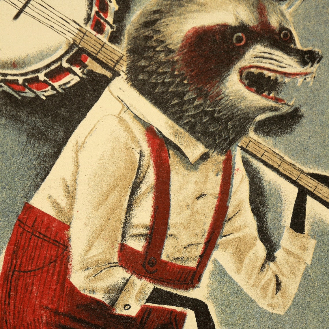 Raccoon Holding Banjo Risograph Print - Etsy